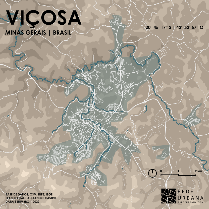 Mapa da Cidade de Viçosa, Minas Gerais, Brasil – Rede Urbana