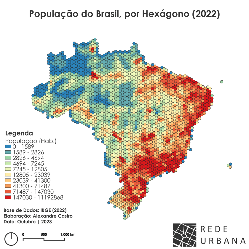Mapa da População do Brasil em 2022, por Hexágonos – Rede Urbana